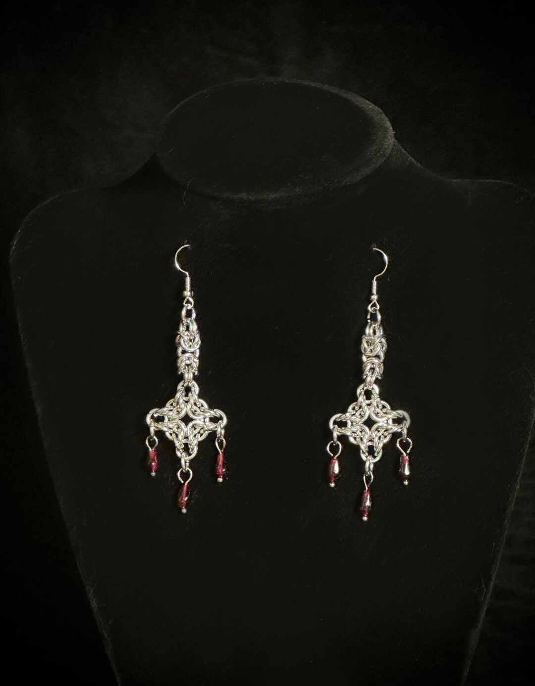 Bathory Chainmail Byzantine Star Garnet Blood Drop Chandelier Earrings ...