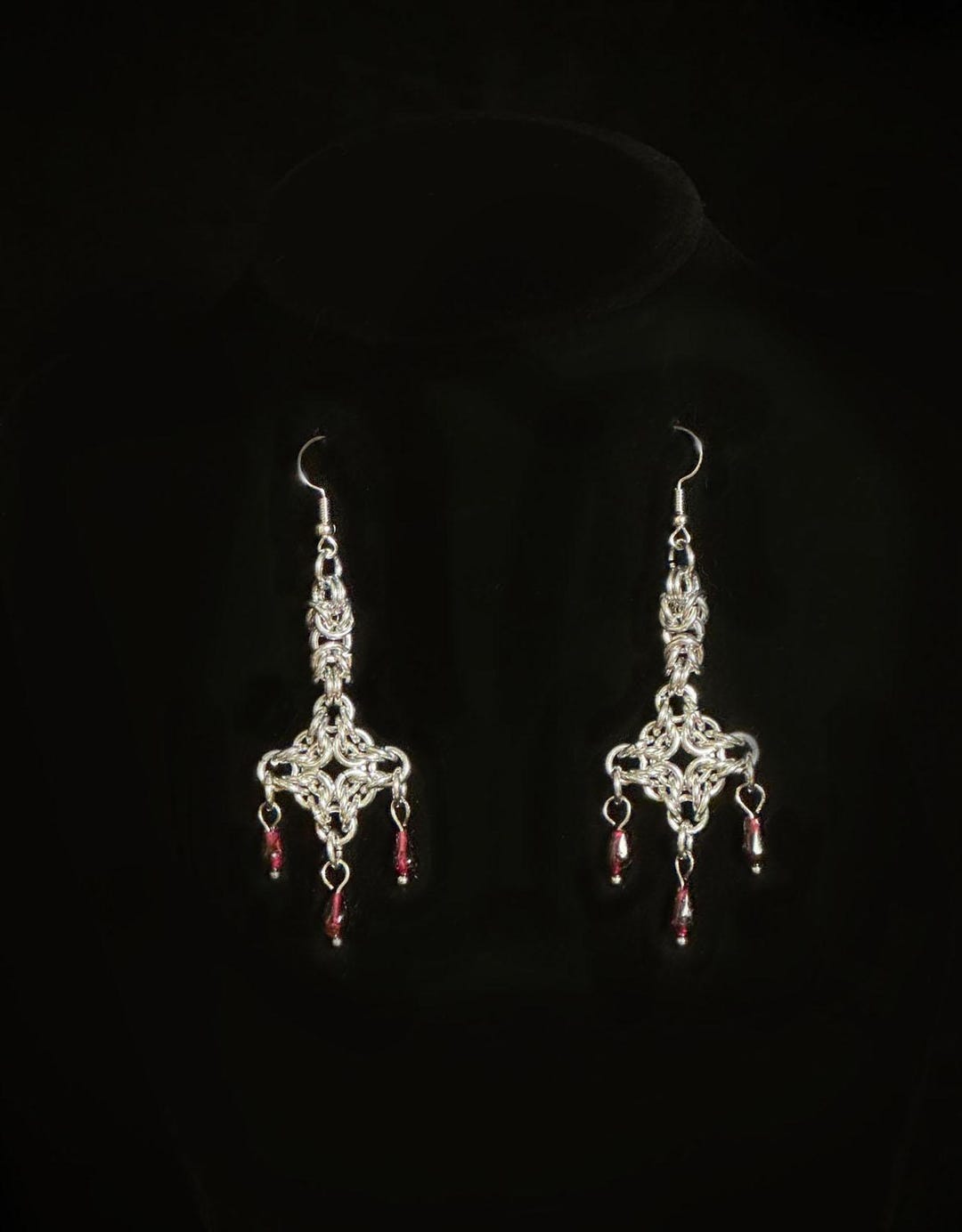 Bathory Chainmail Byzantine Star Garnet Blood Drop Chandelier Earrings ...