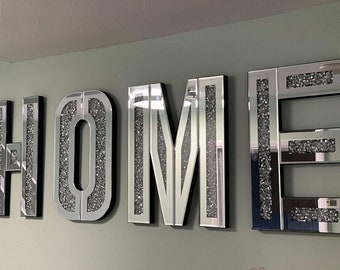 Silver Mirror Glass FAMILY Sign Wall Hanging Art Plaque Crushed Diamond ...