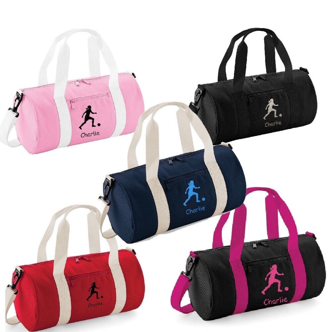 GIRLS PERSONALISED FOOTBALL Kit Barrel Bag School Sport Various Colours ...