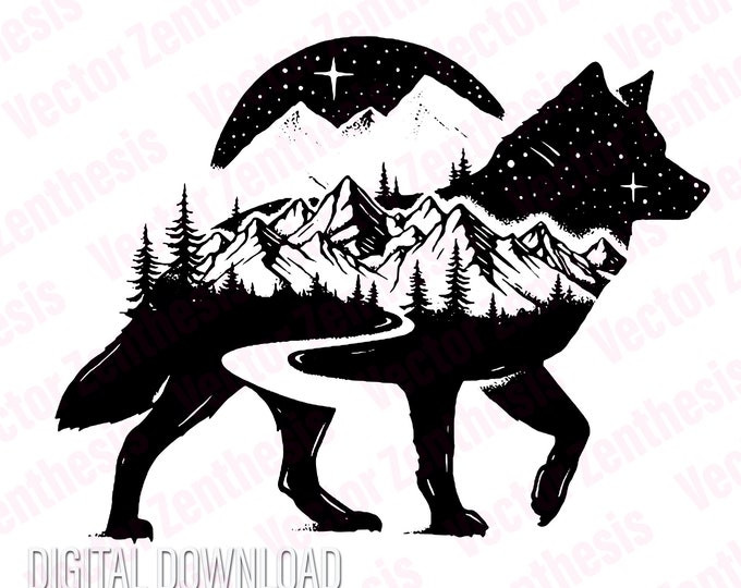 Wolf Mountain and Trees, Wolf Svg, Wolf Clipart, Mountain Svg, Mountain ...