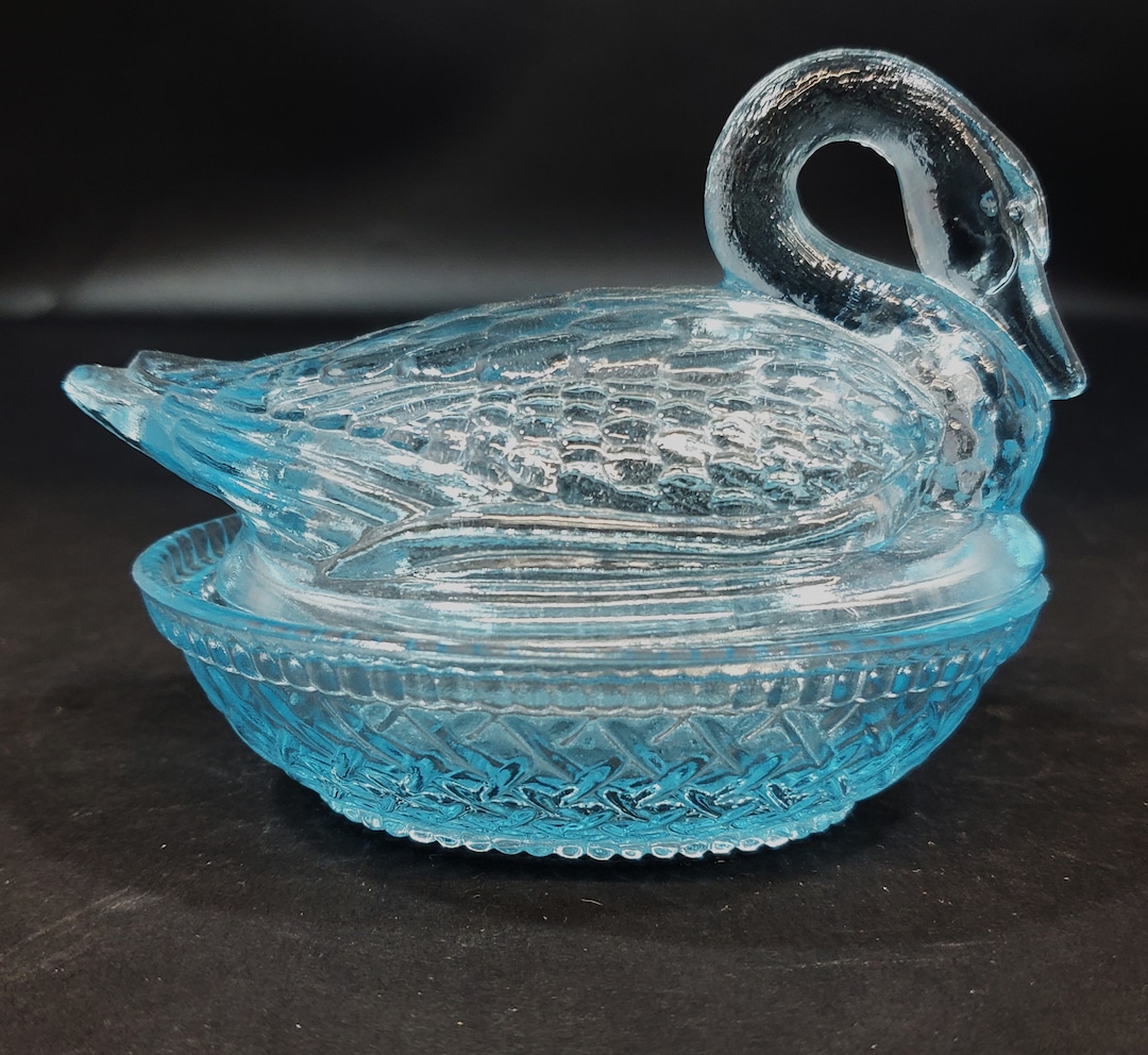 Blue Glow Glass Swan Covered Candy Dish, 3.25 X 5.5 Excellent Condition ...