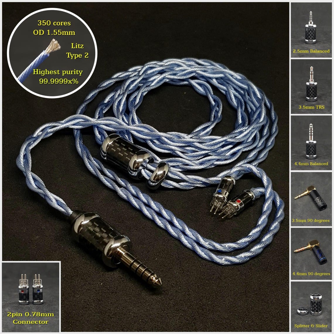 Cable for Iems Monitor 2pin 0.78mm Silver Plated Copper 7N OCC Litz ...