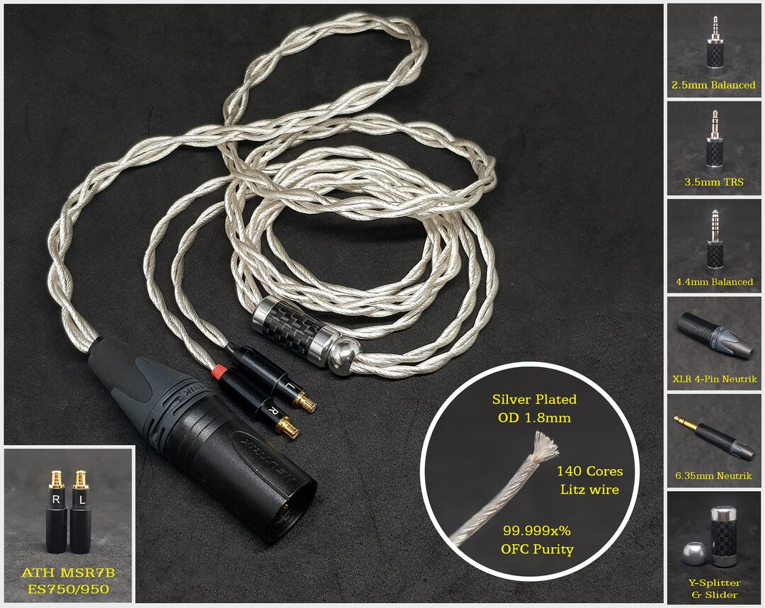 Cable for ATH-MSR7B/SR9/ES750/ES950 OFC Silver Plated Copper Custom ...