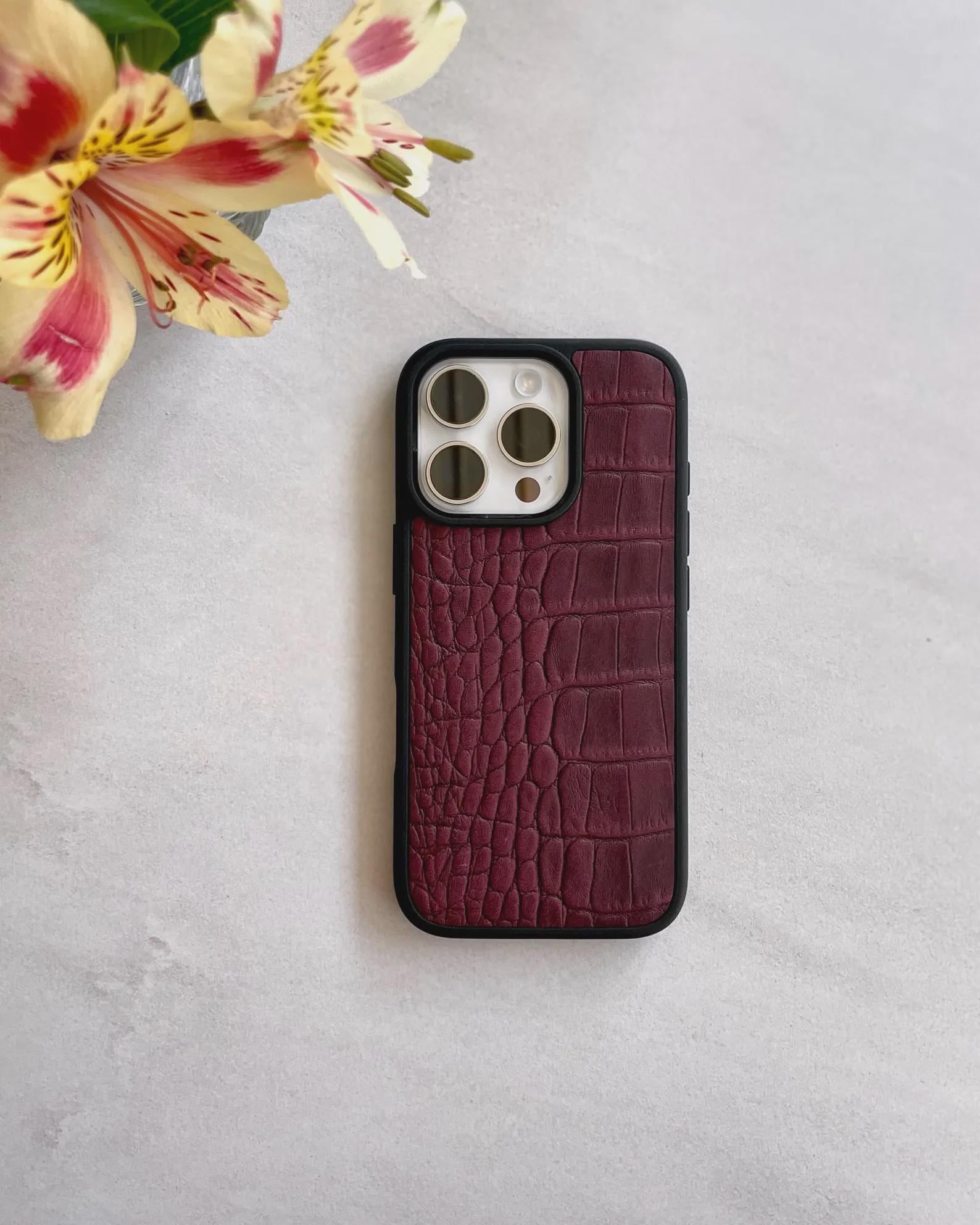 Burgundy Croc Leather iPhone Case: Genuine Calfskin iPhone Cover, Women ...