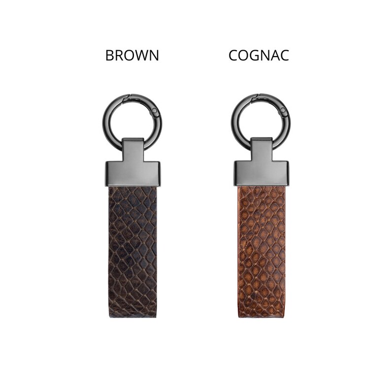 Brown Leather Keychain, Cognac Leather Keychain, Snakeskin Pattern Key ...