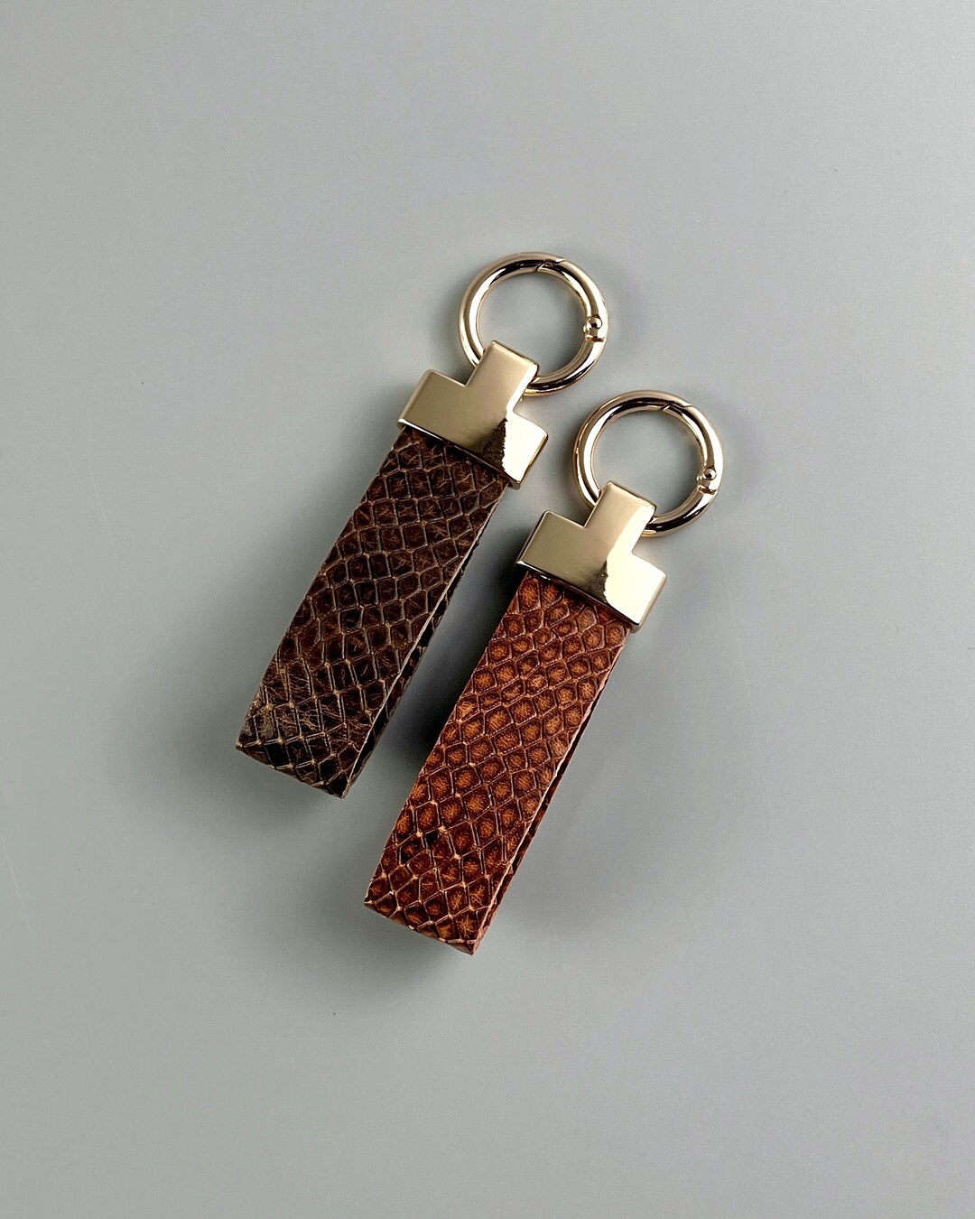 Brown Leather Keychain, Cognac Leather Keychain, Snakeskin Pattern Key ...