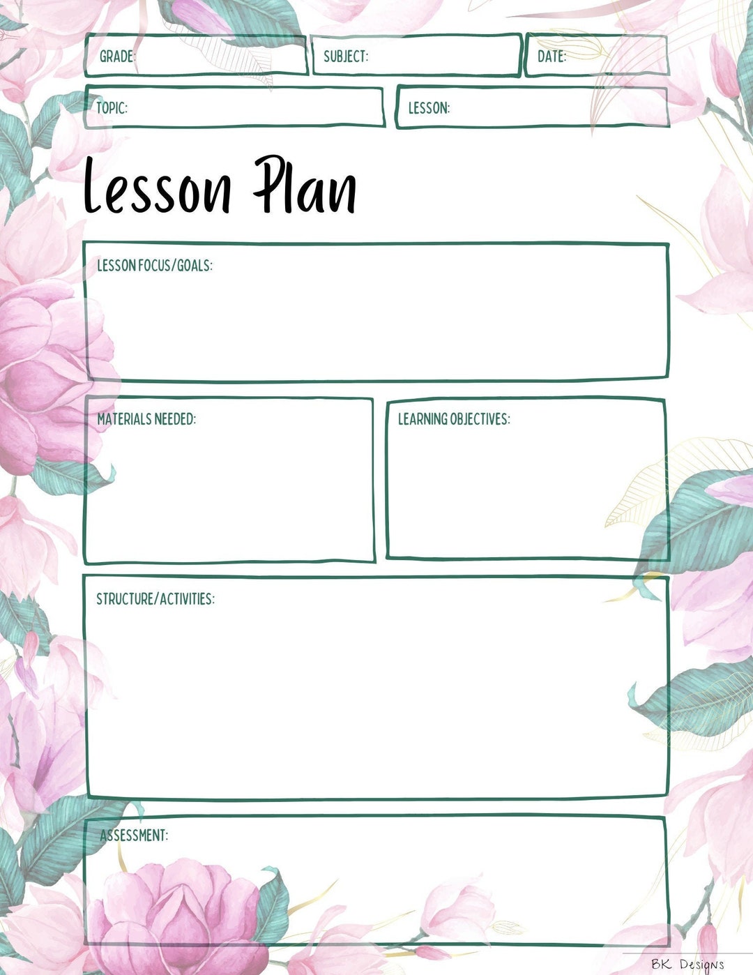 Printable Peony Lesson Plan, Lesson Plan, Digital Lesson Plan, Lesson ...