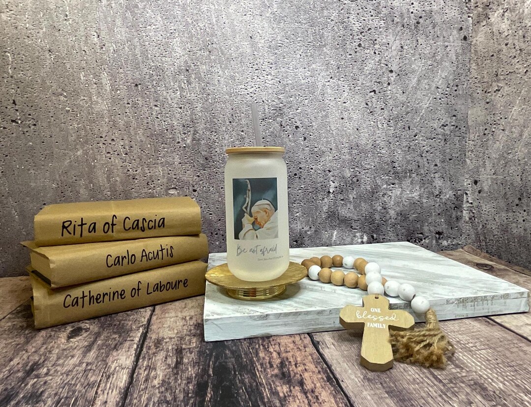 Pope Saint John Paul II Frosted Glass Can Cup With Lid I Catholic Glass ...