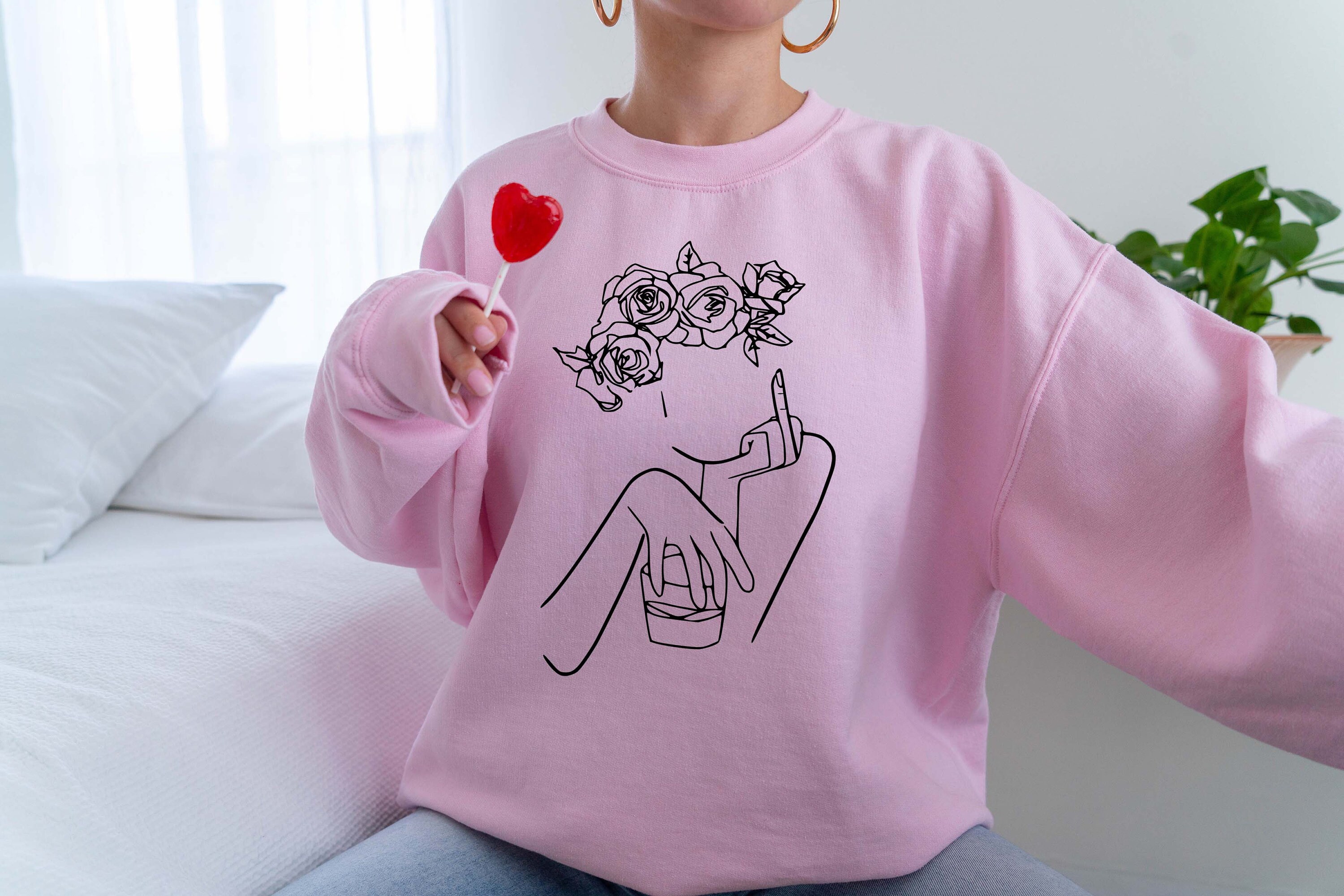 Woman Floral Middle Finger Sweatshirt, Middle Finger Line Art ...