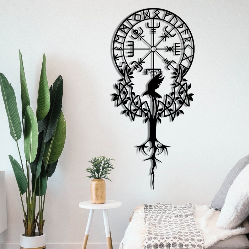 Metal Yggdrasil Tree of Life Wall Art: Viking Vegvisir Compass, Nordic ...