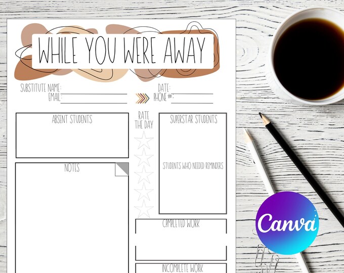 Substitute Note, Classroom Notes, Personalized Teacher Note, Editable ...