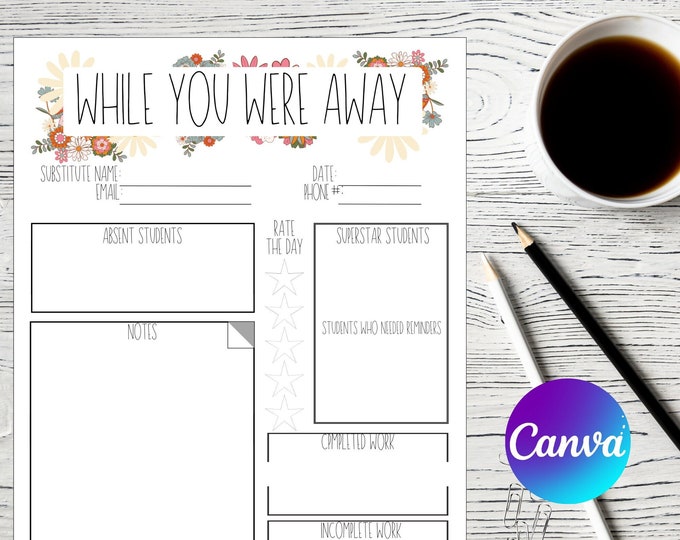 Substitute Note, Classroom Notes, Personalized Teacher Note, Editable ...