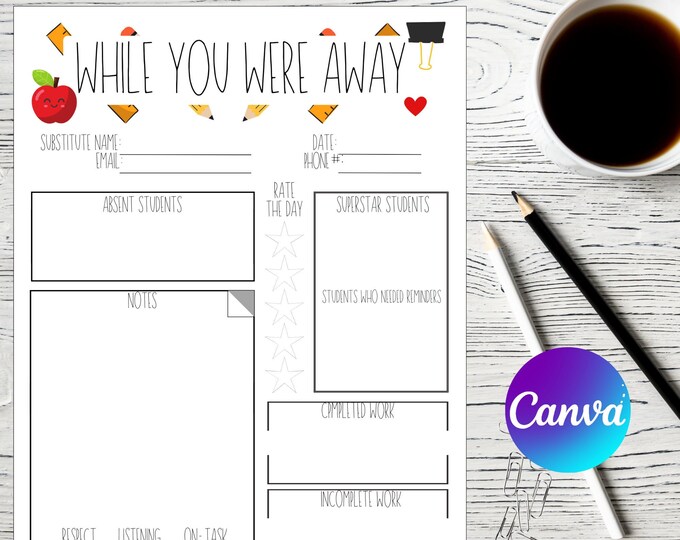 Substitute Note, Classroom Notes, Personalized Teacher Note, Editable ...