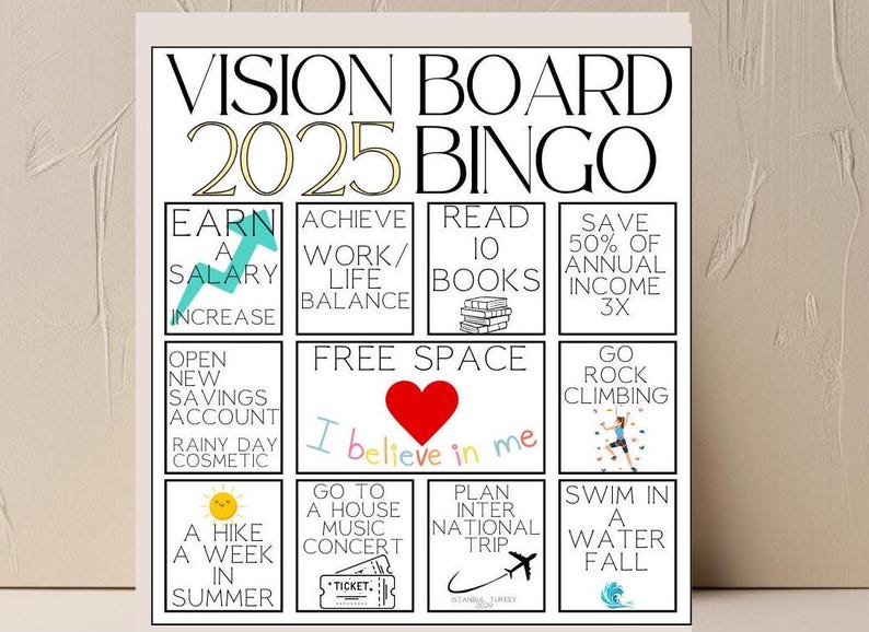Printable 2025 Bingo Card, 2025 Vision Board Bingo Card, New Year Party ...