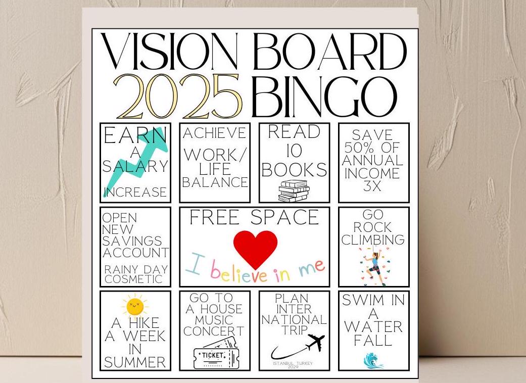 Printable 2025 Bingo Card, 2025 Vision Board Bingo Card, New Year Party ...