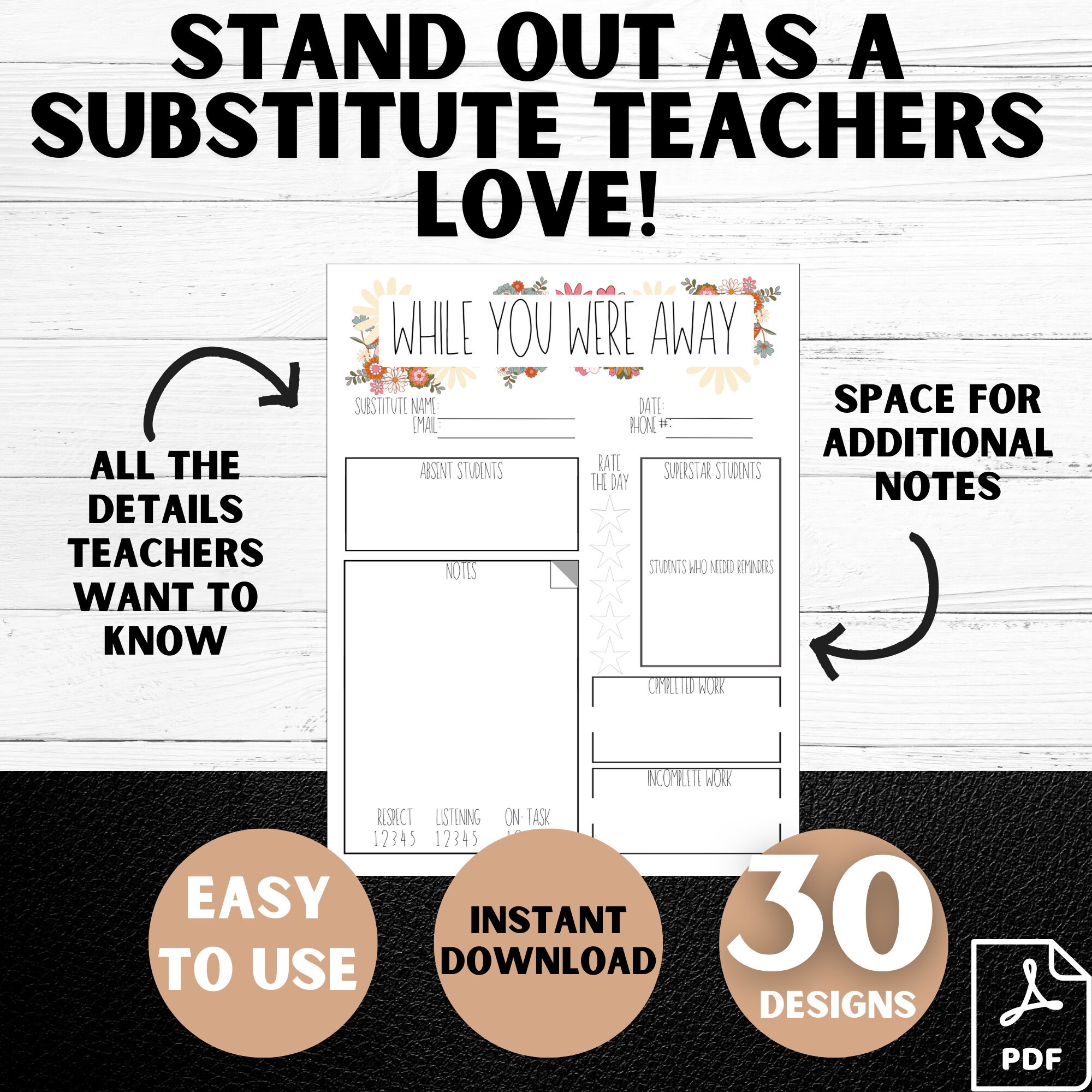 Substitute Teacher Note, While You Were Away, Classroom Communication ...