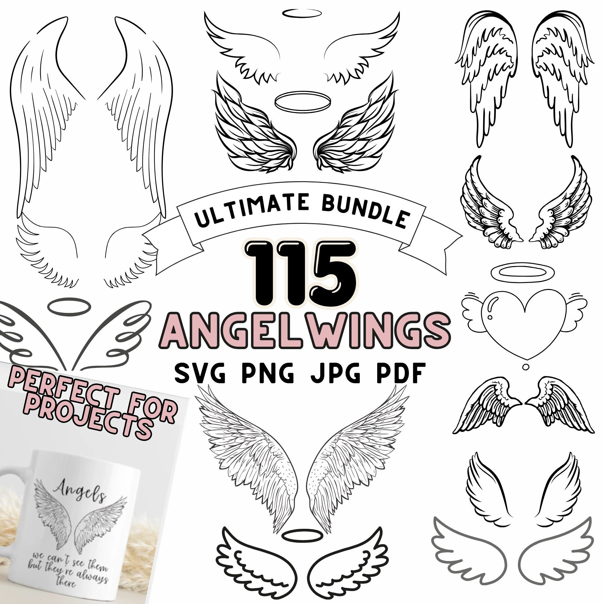 Angel Wing SVG, Angel Wings Bundle, Detailed Wing Sketches, Silhouette ...