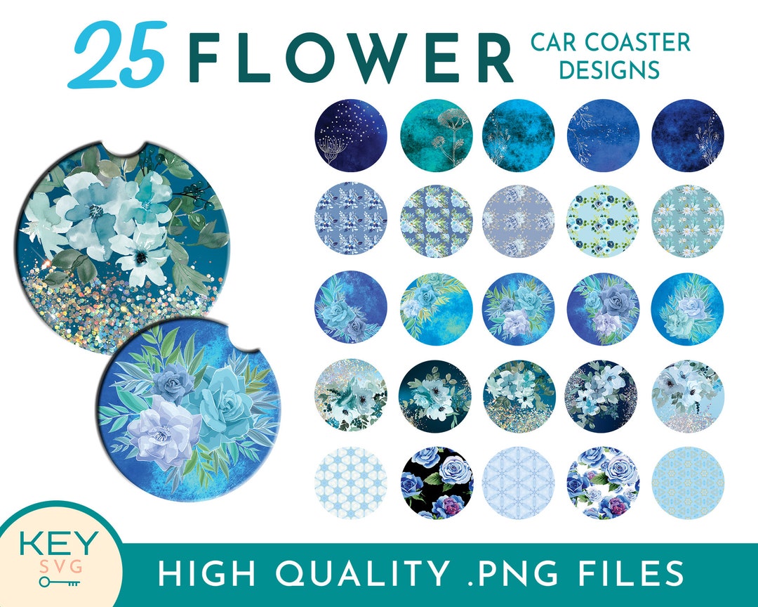 Blue Floral PNG Car Coaster Png, Sublimation Png, Drink Coaster ...