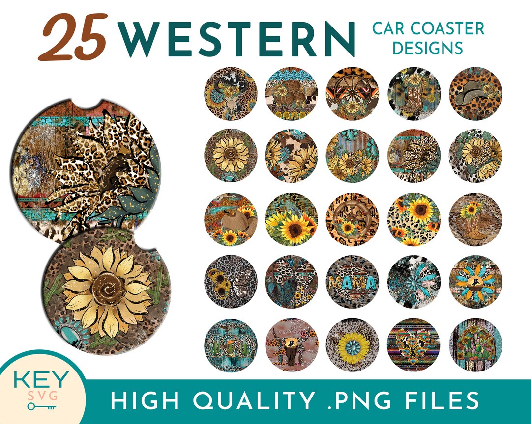 25 Country Western Car Coaster Bundle Png, Cowhide Png, Sunflower Png ...