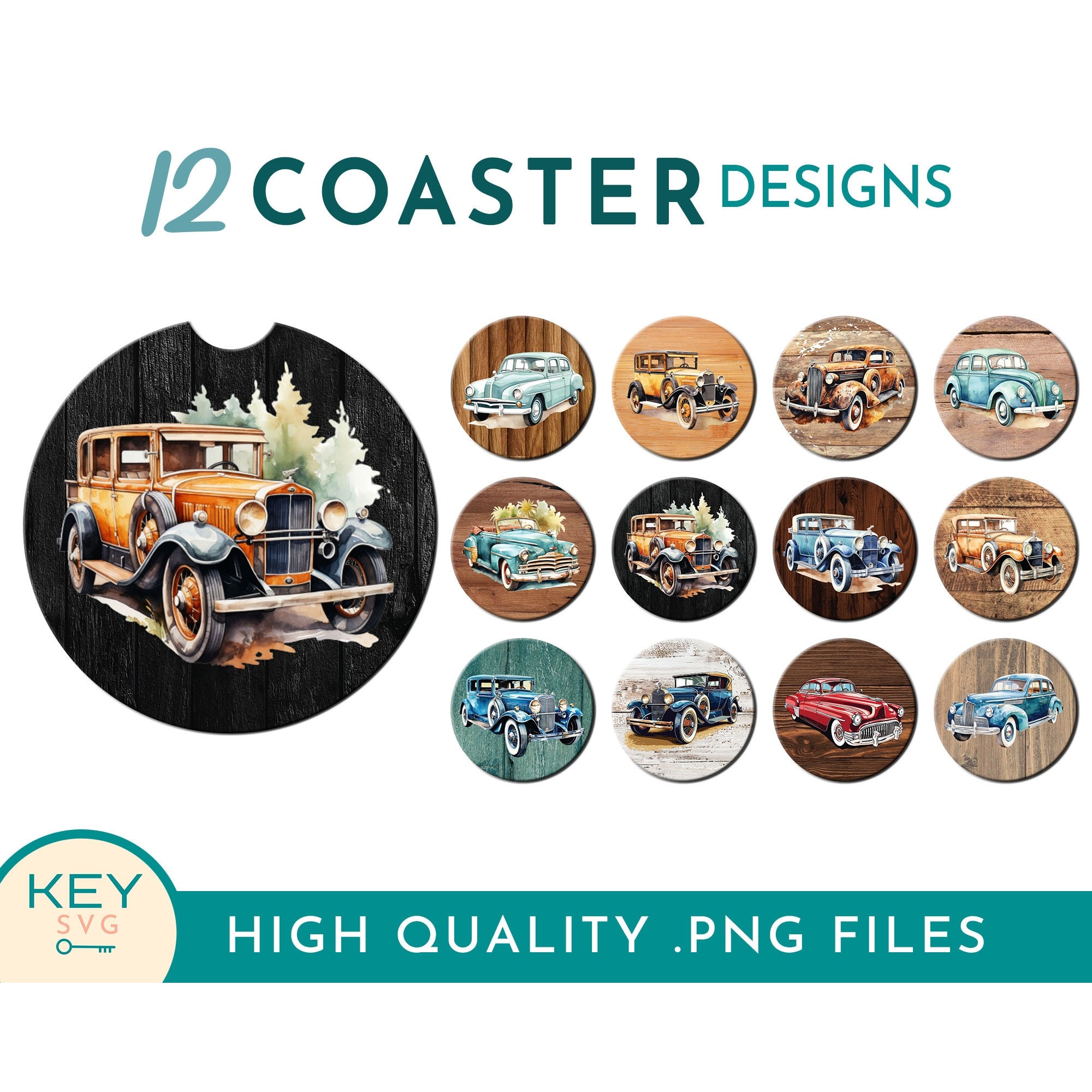 Old Cars Car Coasters Png, Father's Day Car Coaster Sublimation Designs ...