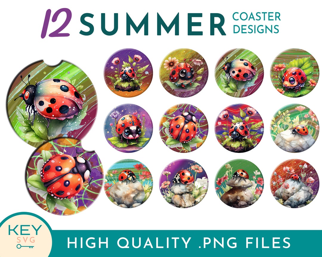 Ladybug Car Coaster Sublimation Designs Png, Car Cup Coaster Png, Lady ...