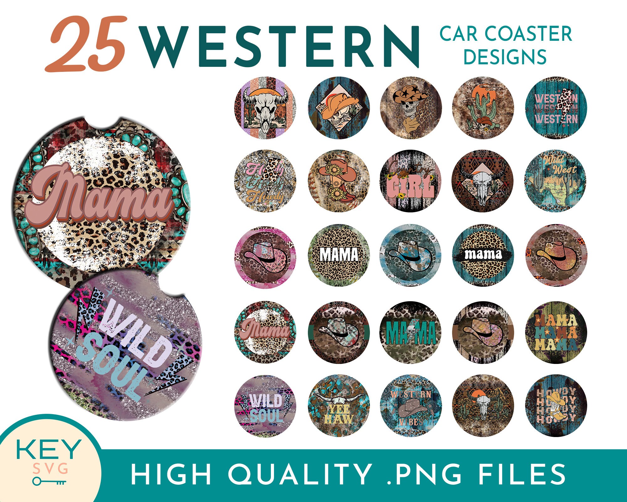25 Country Western Car Coaster Bundle Png Cowhide Png Drink - Etsy