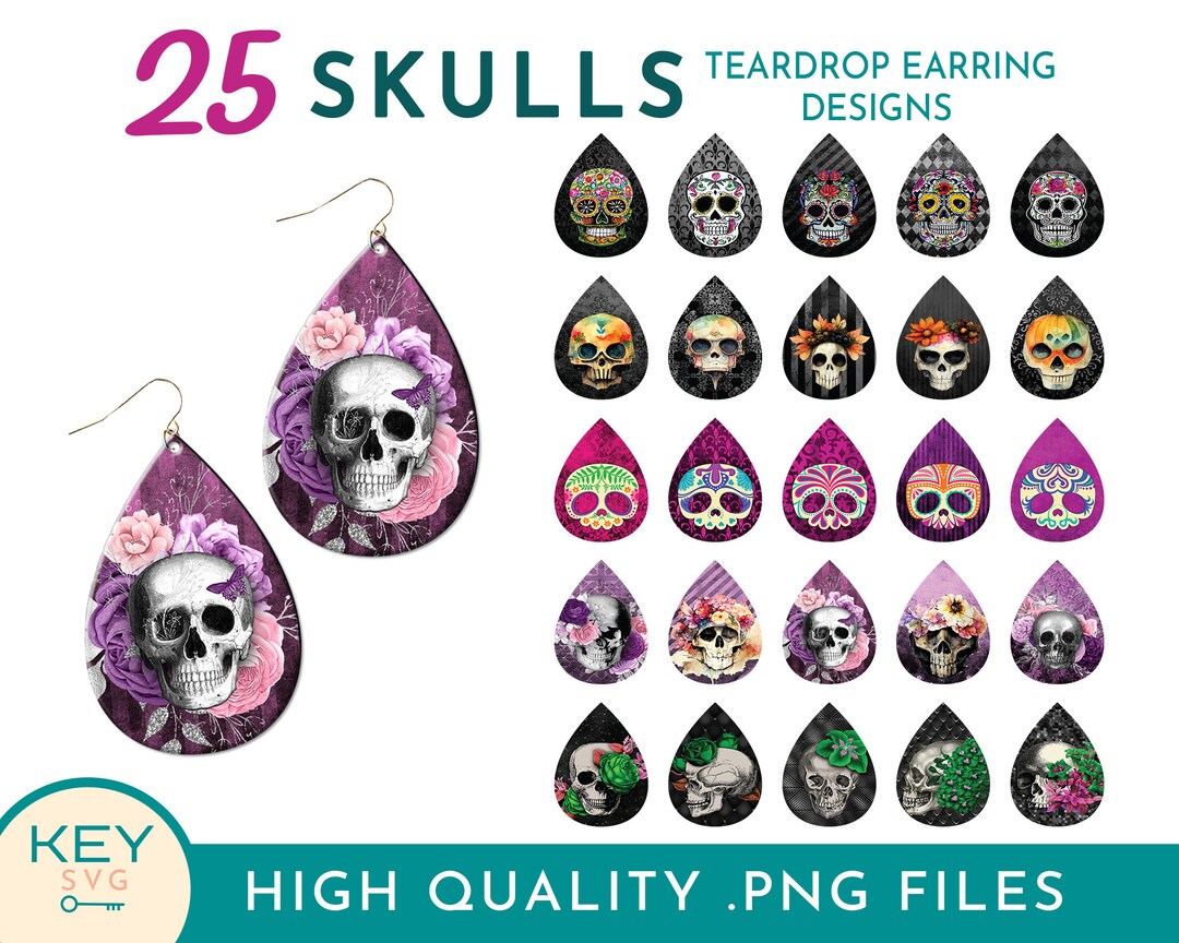 25 Png Skulls and Roses Teardrop Earrings, Sugar Skull Earrings, Day of ...