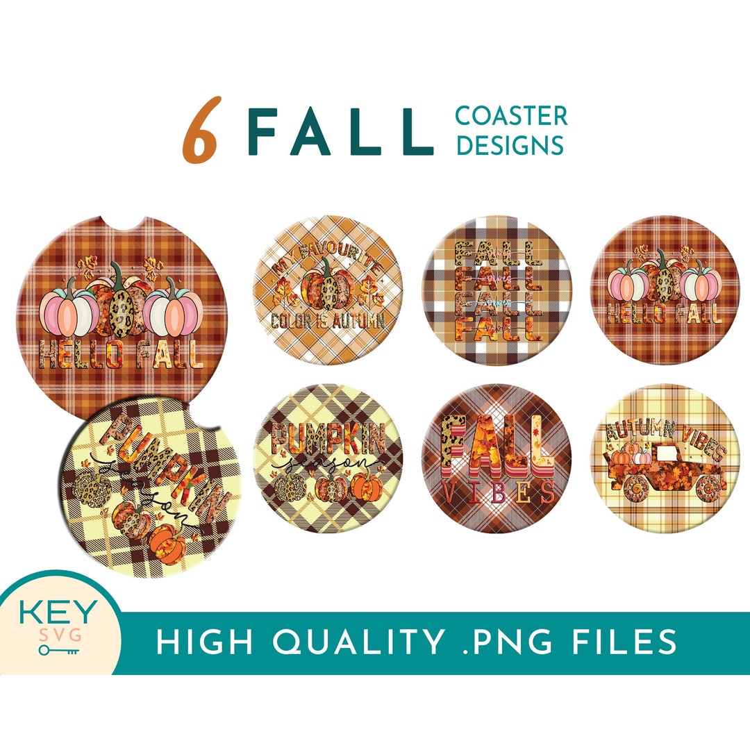 Fall Car Coaster Sublimation Designs Png, Plaid Autumn Drink Coaster ...