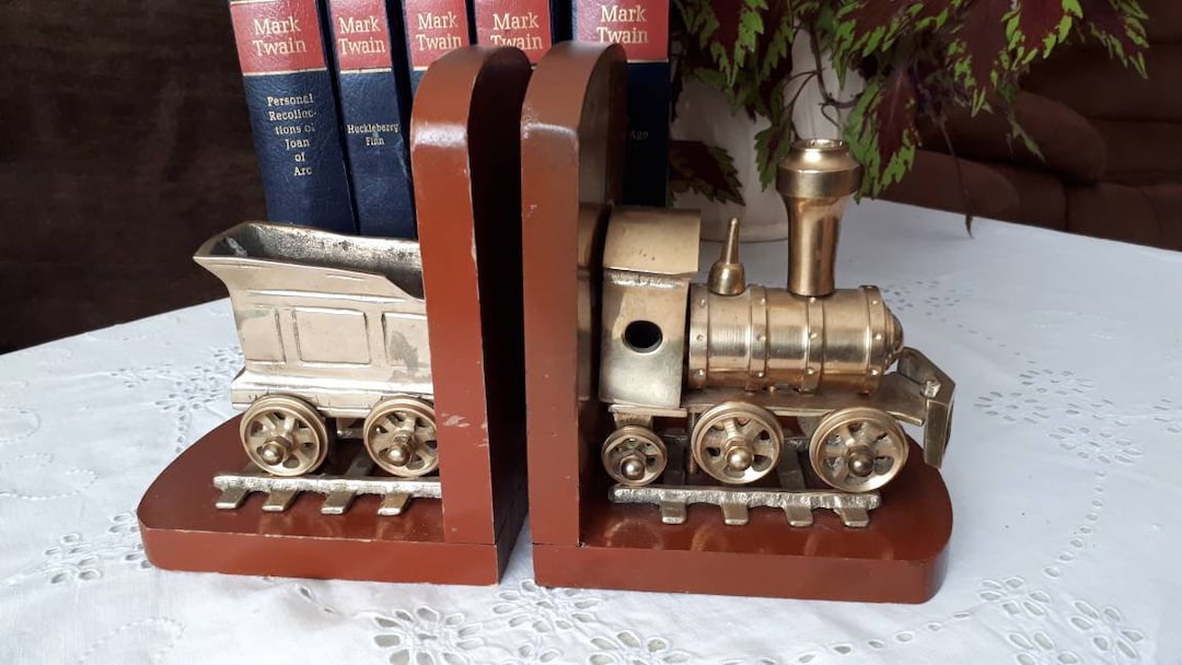 Train Steam Engine Bookends Vintage Brass and Wood - Etsy