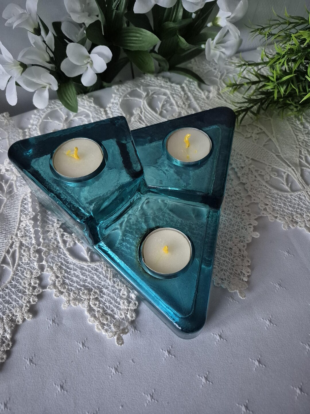 MCM Triangular Glass Votive Candle Teal Holder - Etsy