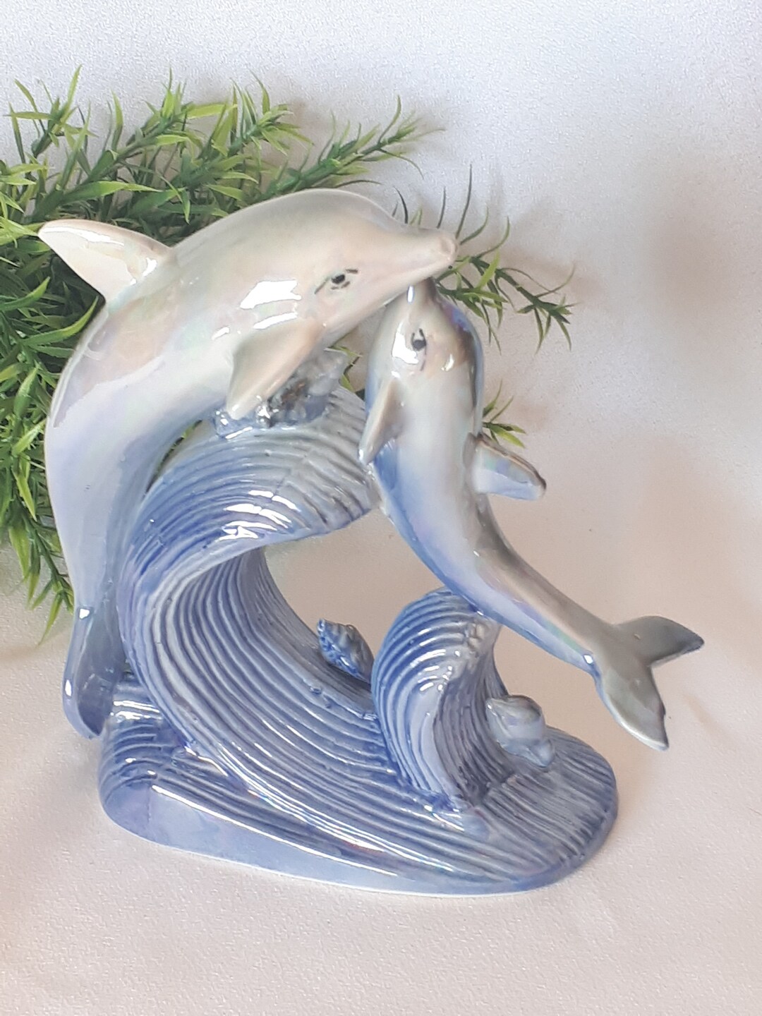 Vintage Bottlenose Dolphins Porcelain Pottery Figurine Catching a Wave ...