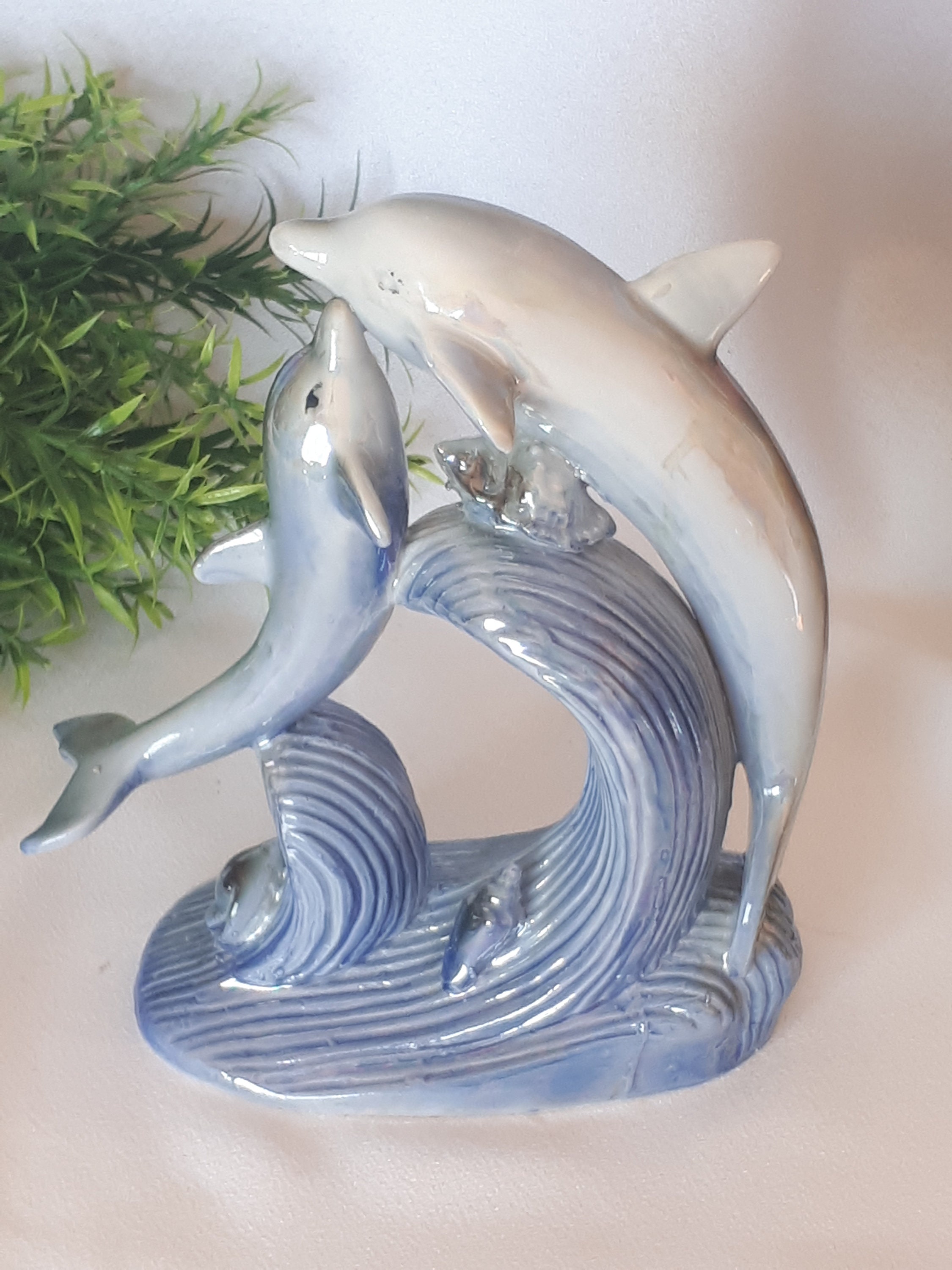 Vintage Bottlenose Dolphins Porcelain Pottery Figurine Catching a Wave ...