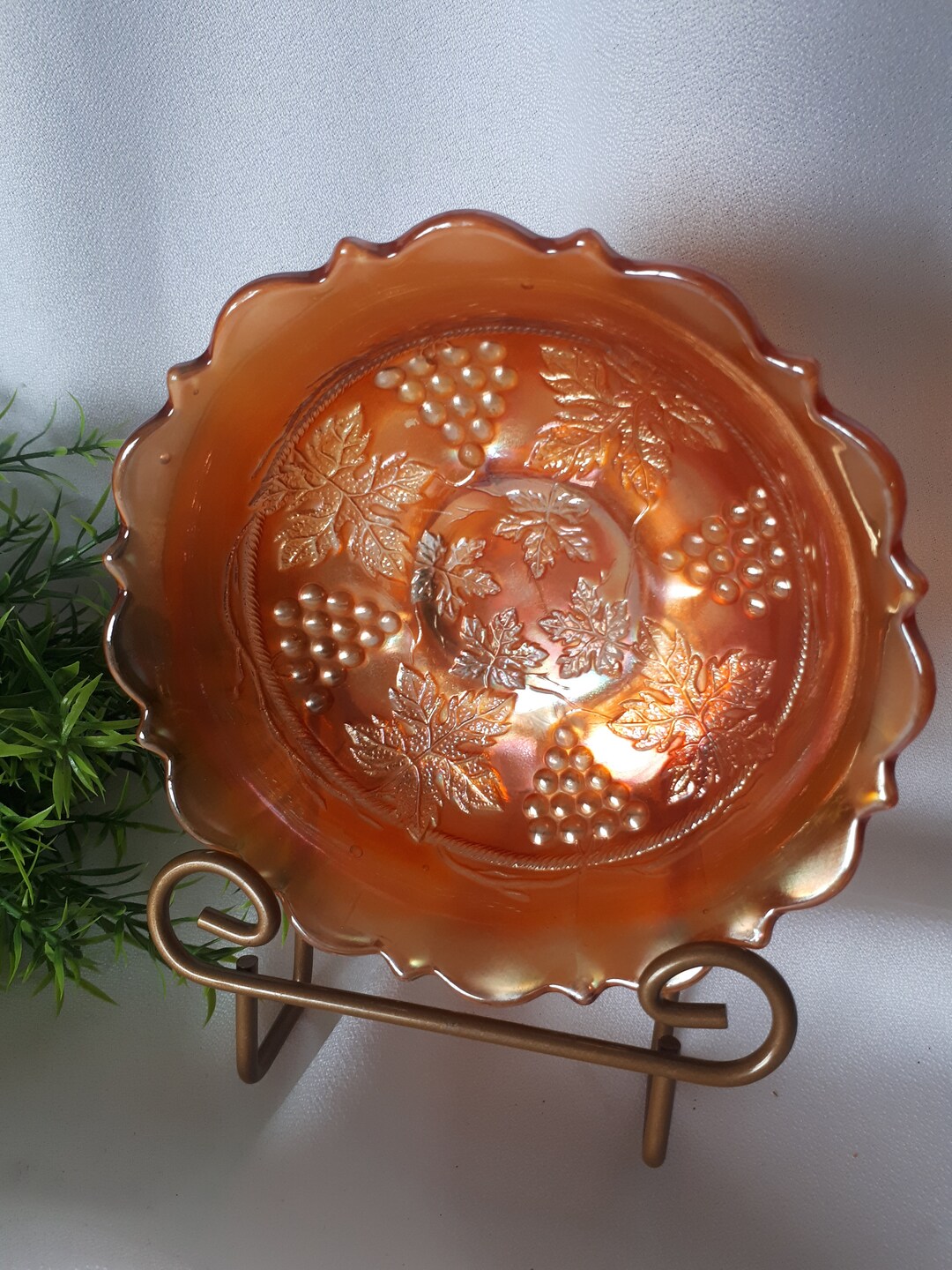 Fenton Marigold Carnival Glass Grapes and Cable Pressed Bowl - Etsy