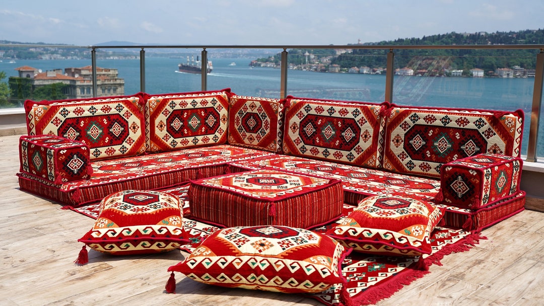 L Shaped Traverse Red Arabic Floor Cushion Sofa, Arabic Floor Sofa ...