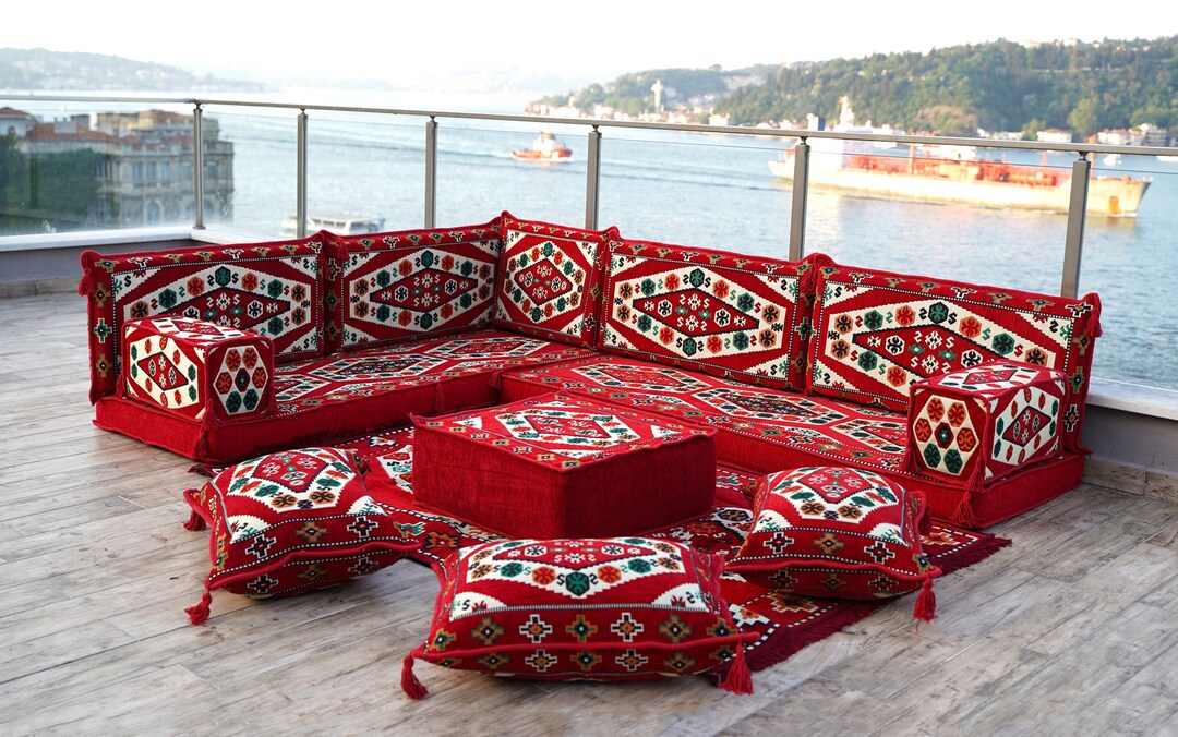 Yoruk Red Corner Floor Seating Sofa, Ottoman Floor Couch, Turkish Floor ...