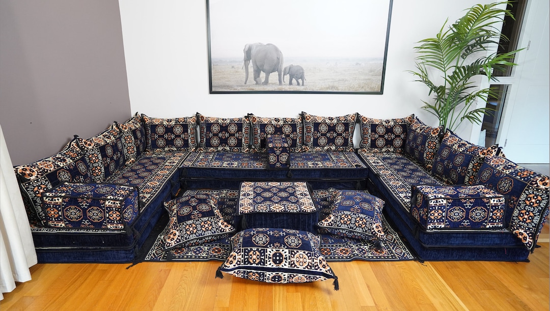 U Shaped Arabic Sofa Floor Cushion Seating Set, Living Room Home Decor ...