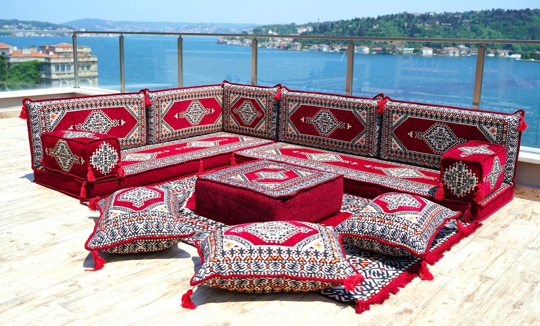 Customizable L Shaped Maroon Floor Sofa Set, Arabic Floor Seating ...
