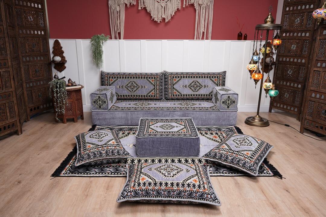 Gray Arabic Floor Seating Set, Pallet Sofa, Floor Cushion, Bohemian ...