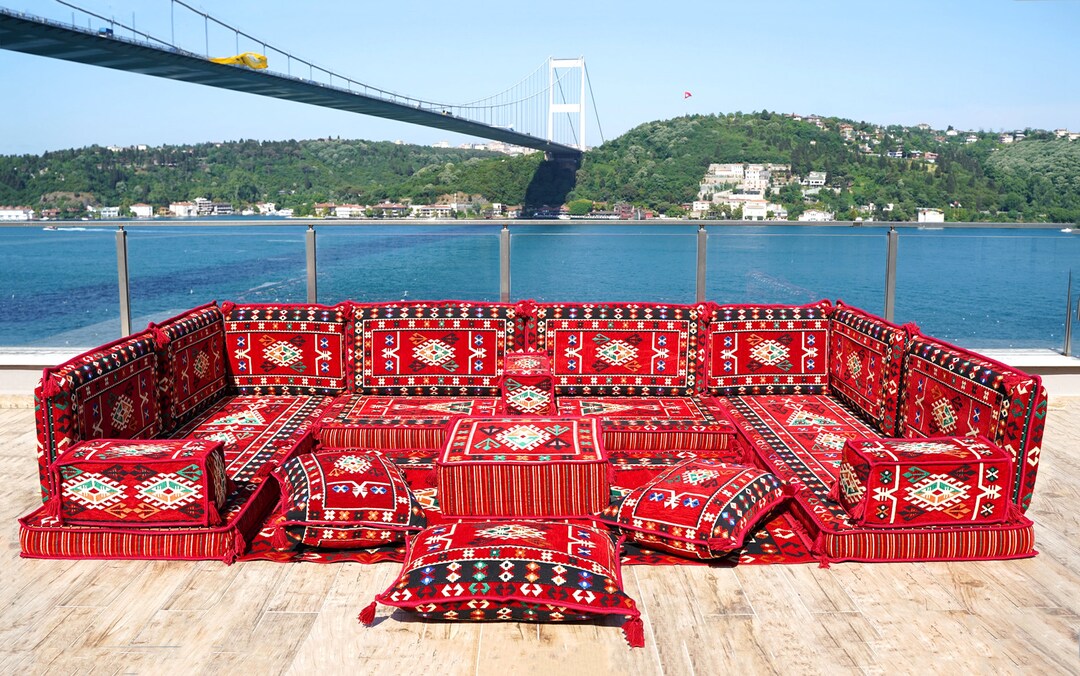 Red Arabic Floor Sofa Seating, U Shaped Floor Seating Sofa, Arabic ...