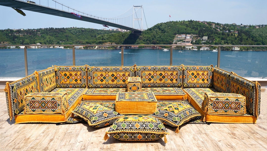 U Shaped Yellow Sofa Set, Floor Couches, Indoor Floor Sofas, Turkish ...