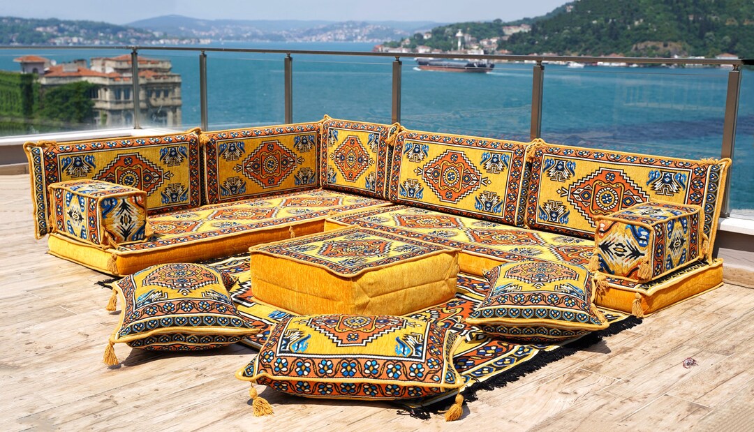 L Shaped Kirsehir Yellow Corner Floor Seating, Traditional Arabic Floor ...