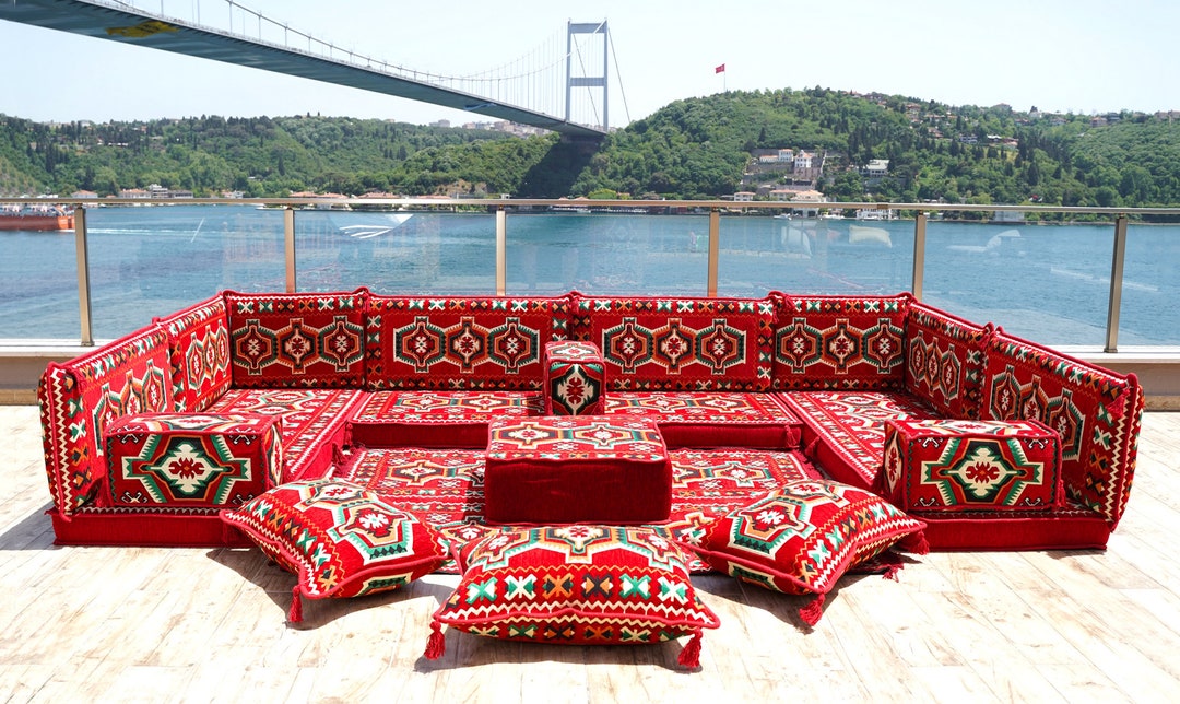 U Shaped Kafkas Red Corner Seating Sofa, Arabic Jalsa, Turkish Floor Seating, Pallet Sofa ...