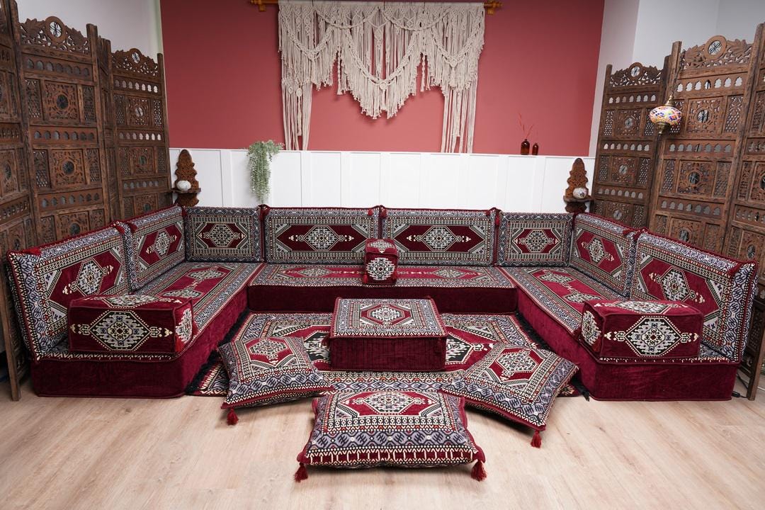 8 Inch Thick Maroon Arabic Majlis Sofa, Ottoman Couch, Floor Pillows ...