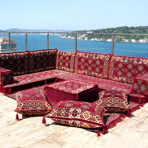 L Shaped Maroon Sofa, Arabic Floor Seating Set, Moroccan Decor Couch ...