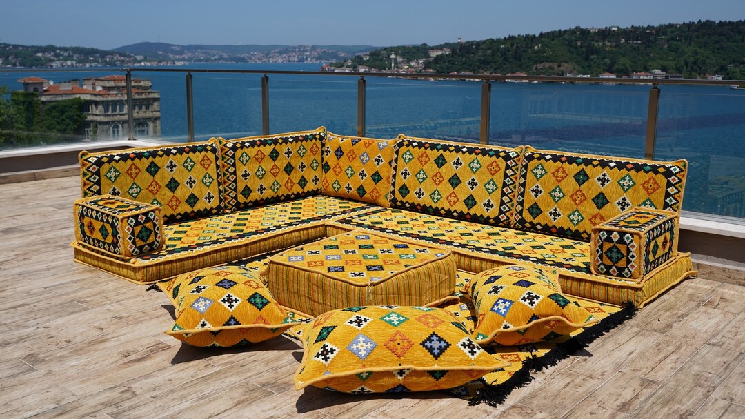 L Shaped Qatar Yellow Floor Couch, Corner Floor Cushions, Moroccan Rug ...