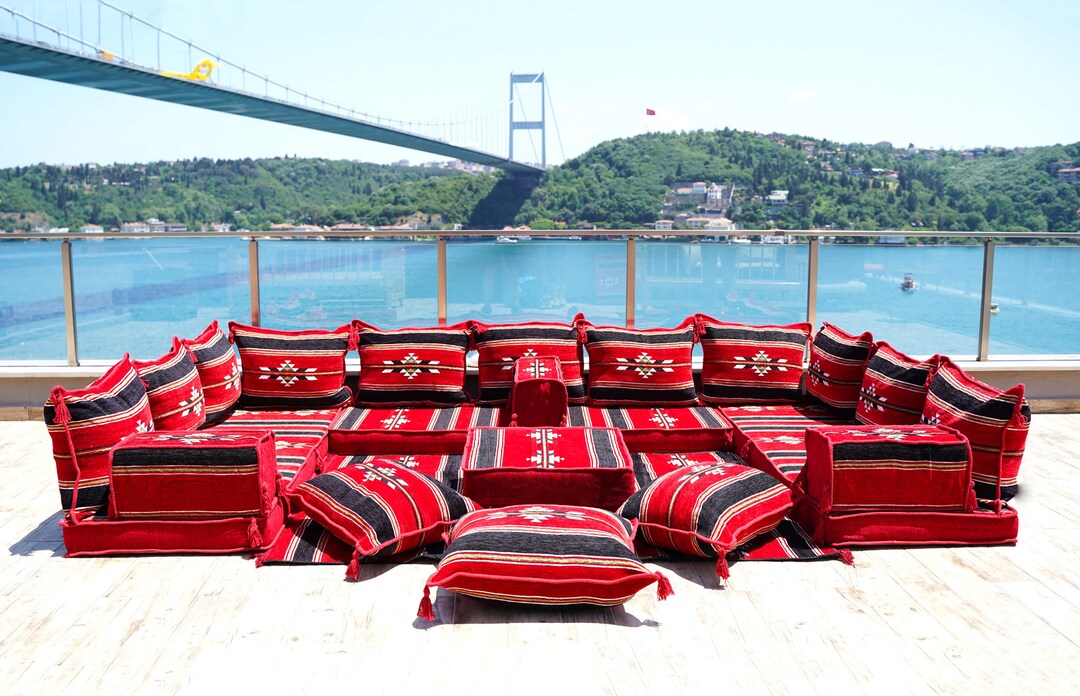 Oriental Red Corner Arabic Floor Seating, U Shaped Floor Sofa, Arabic ...
