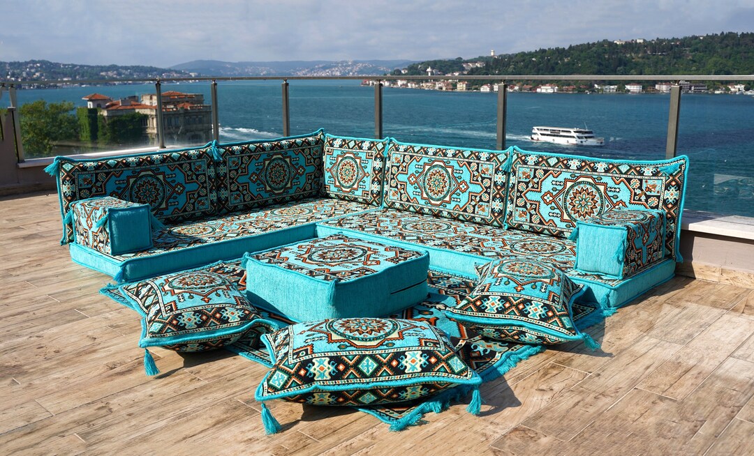 L Shaped Pinar Turquoise Floor Sofa, Arabic Majlis, Floor Pillows ...