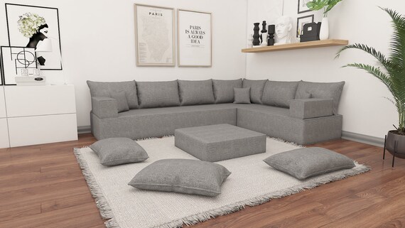 8 Thickness Dark Gray Corner Sofa Linen Fabric Floor Seating Minimalist Modular Sofa Modern Livingroom Couch Turkish Livingroom k 008 1 Etsy