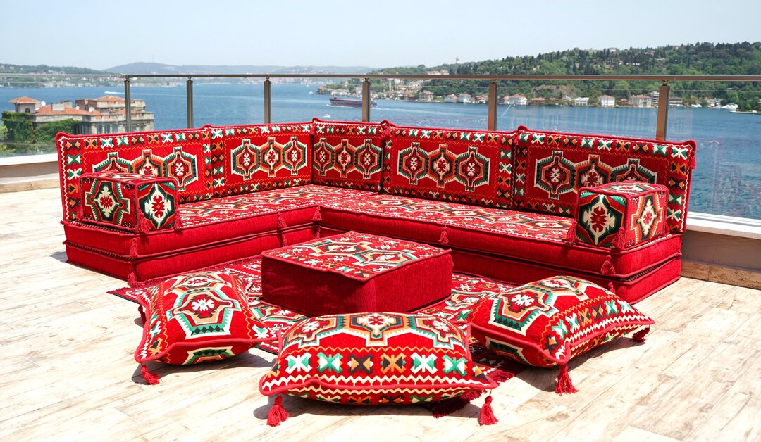 Red 8 Inch Thick Arabic L Shaped Sofa Set,,, Arabic Majlis Set, Arabic ...